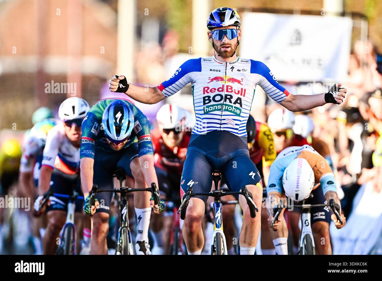 Belgian Jordi Meeus of Red Bull-BORA-hansgrohe celebrates after he ...