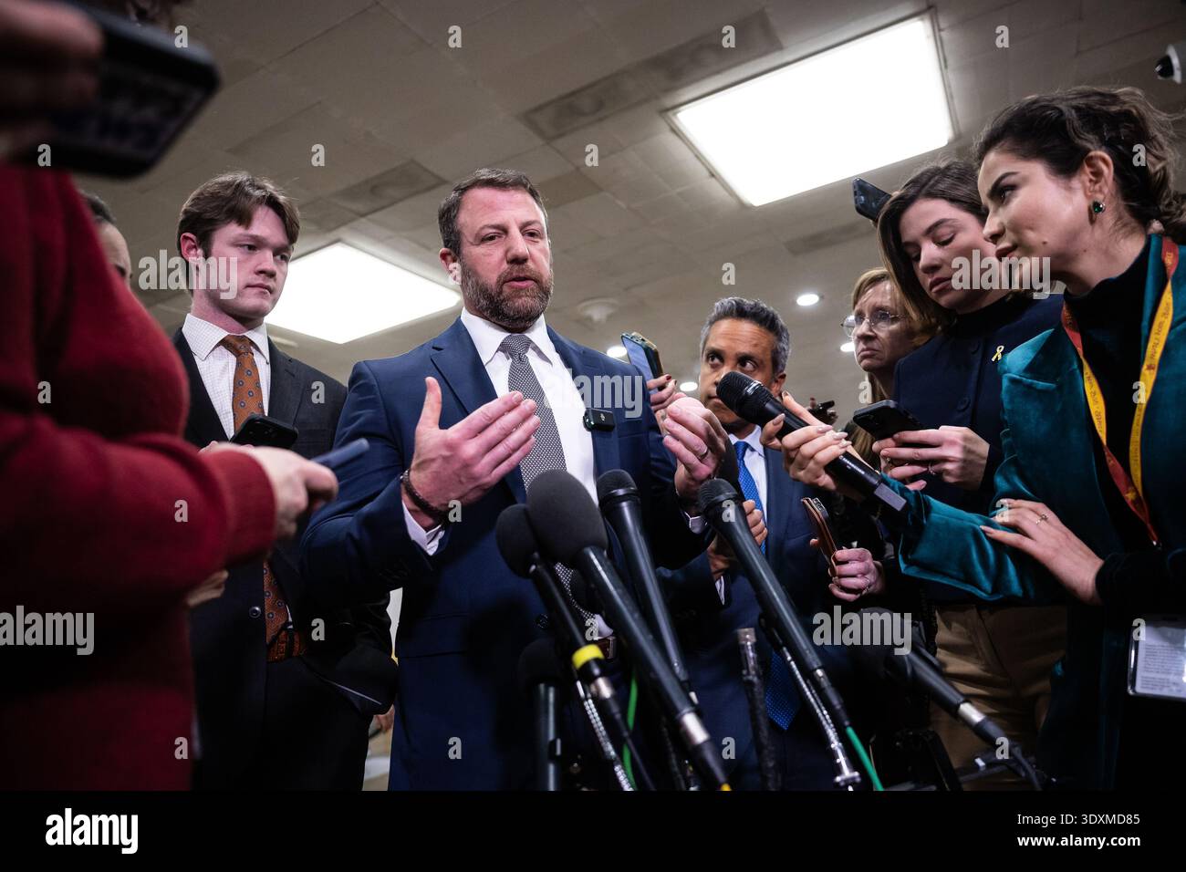 Sen. Markwayne Mullin (R-Okla.) speaks with reporters after a briefing ...