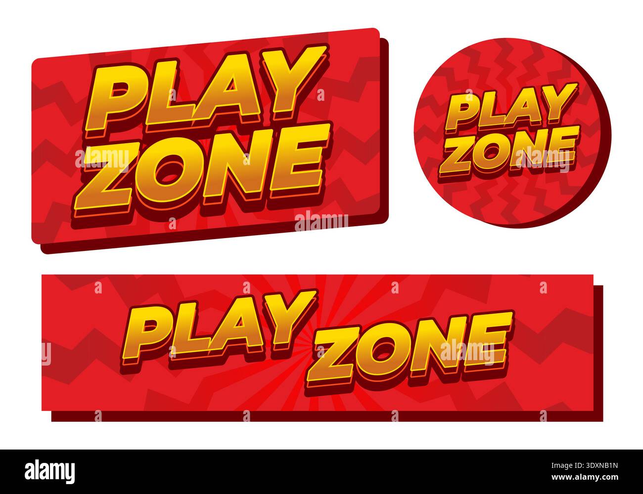 Bold red banners with yellow 3d text reading play zone in different ...