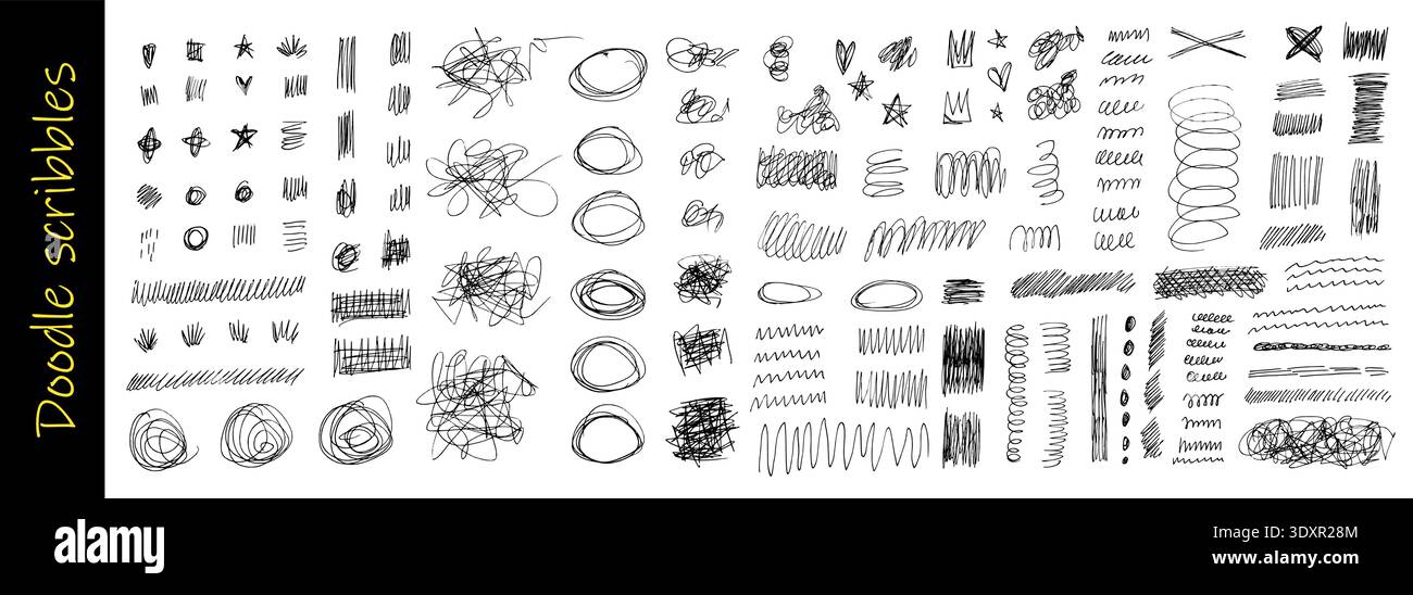 Hand-drawn pen scribbles and doodles featuring messy circles, stars ...