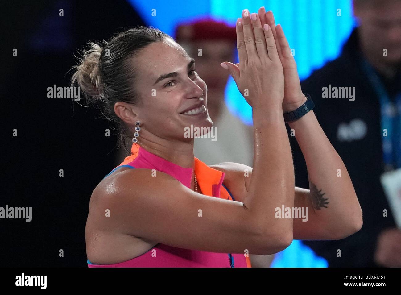 FILE - Aryna Sabalenka of Belarus celebrates after winning the ...
