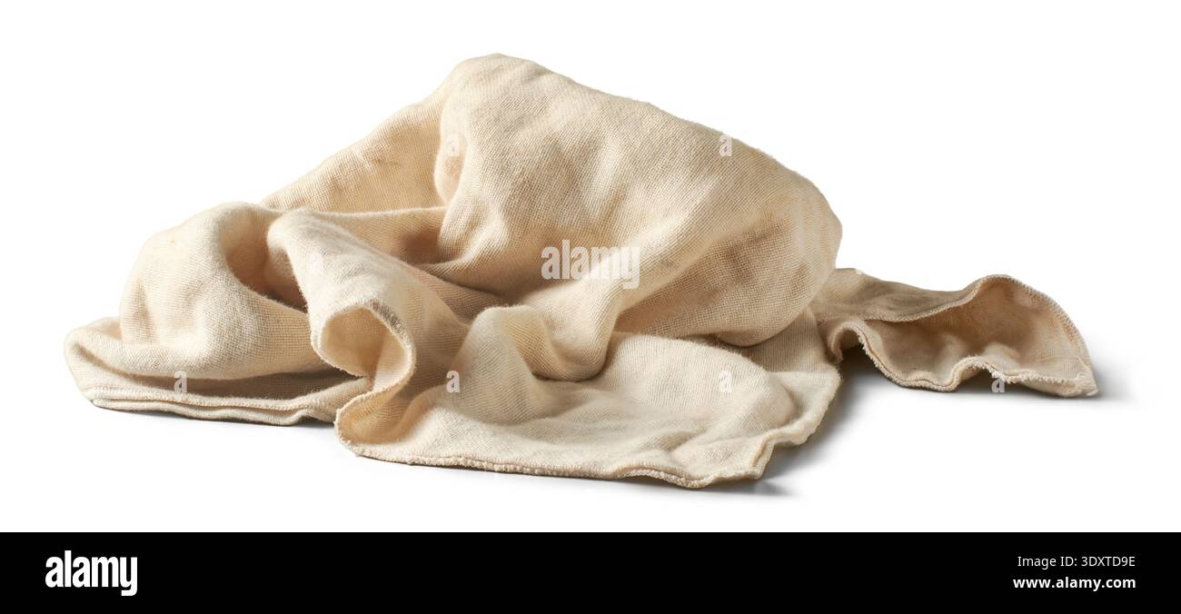 dirty crumpled beige fabric cloth isolated white background, textured ...