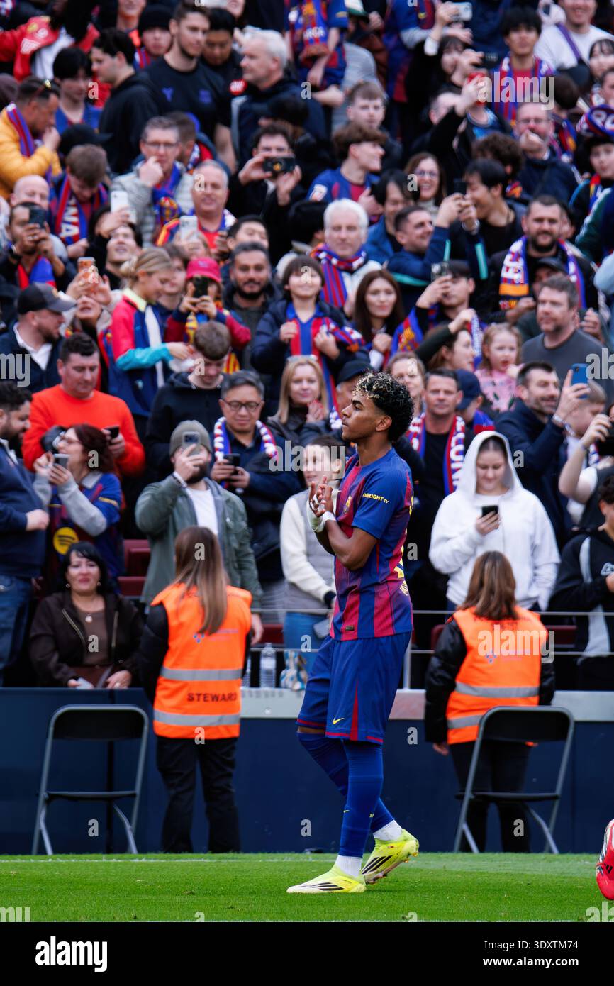 Barcelona, Spain. 28th February, 2026. Lamine Yamal celebrates after ...