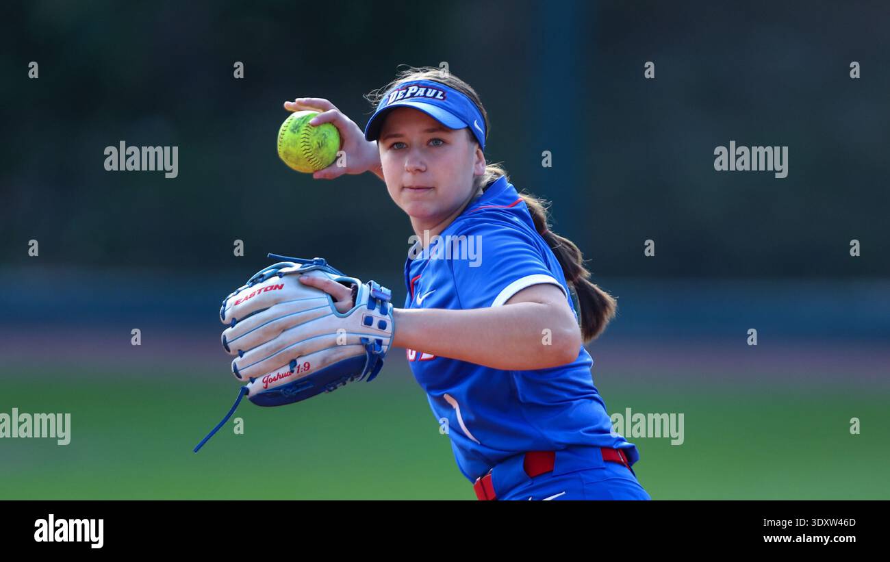 DePaul infielder Kailie Westphal (1) warms up before an NCAA softball ...
