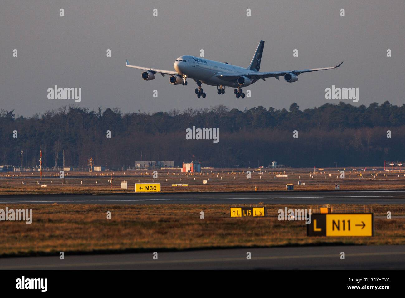 05 March 2026, Hesse, Frankfurt/Main: A Lufthansa plane from Muscat ...