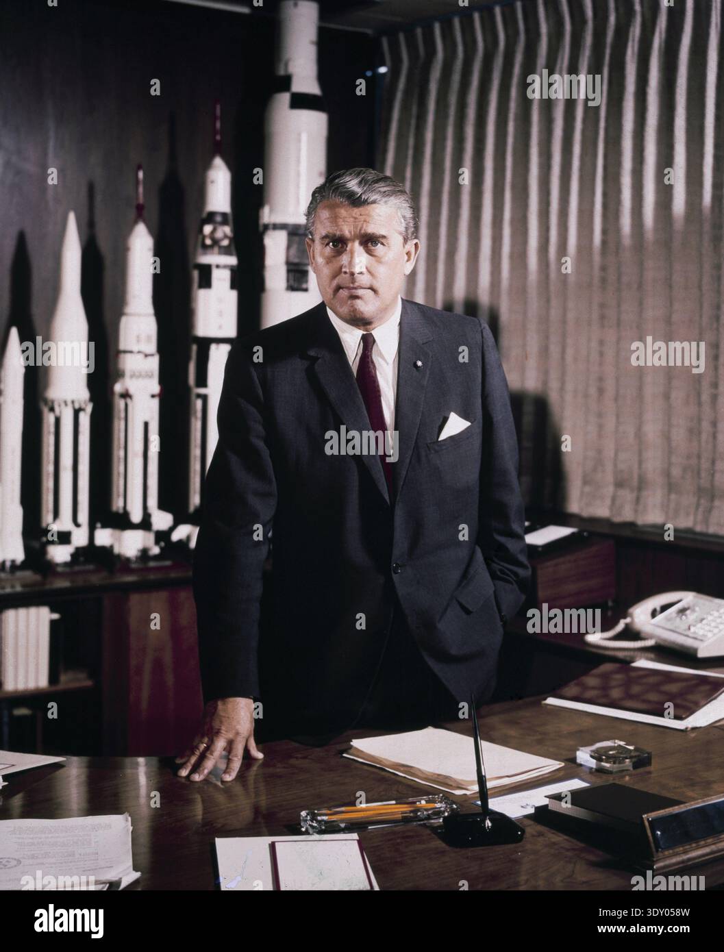 Dr. Wernher von Braun portrait in his office, May 1964, weapons ...