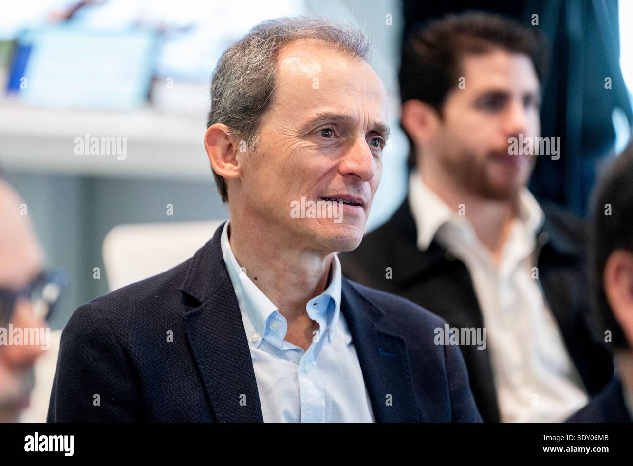 The president of Hispasat, Pedro Duque, during a visit to the ...