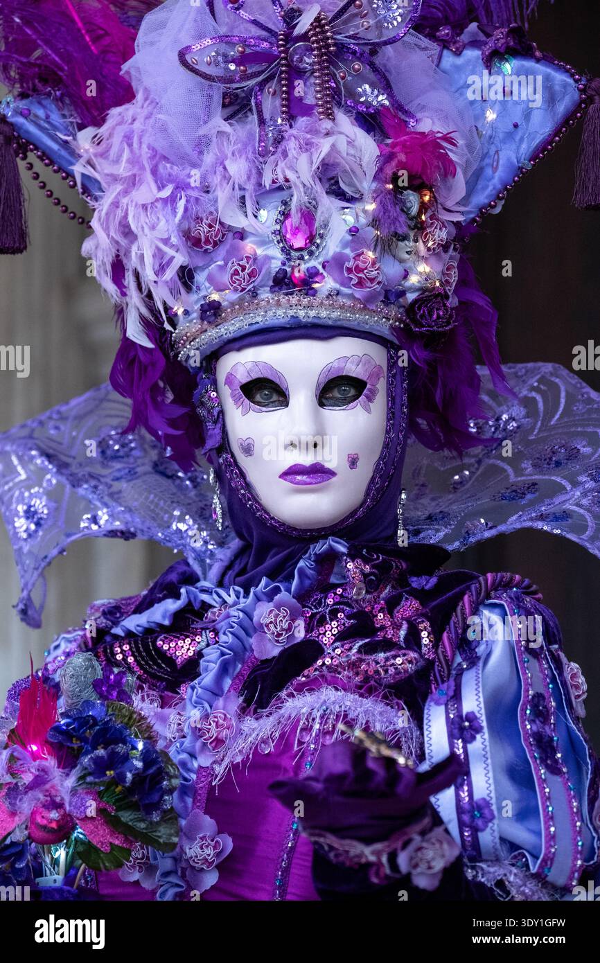 Photogenic masked woman in ornate costume poses for the camera during ...