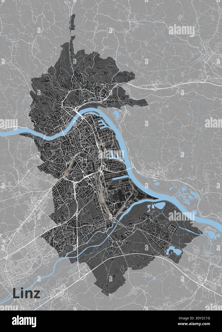 A detailed map of the city of Linz, Austria, with the Danube River ...