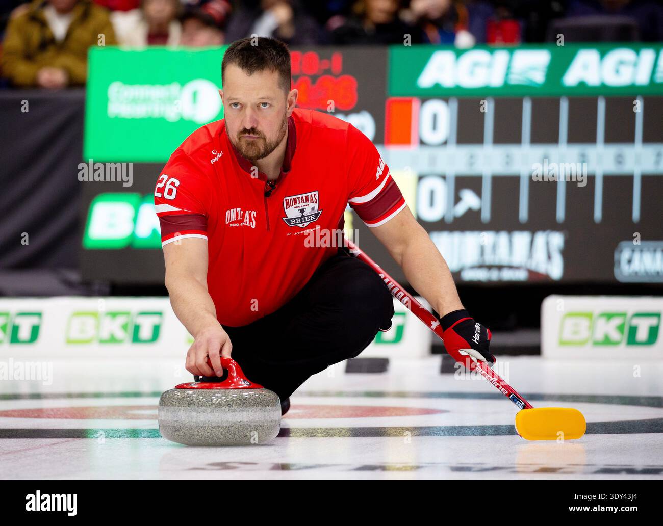 Ben Hebert of Team Canada releases his stone during Draw 17 at the ...