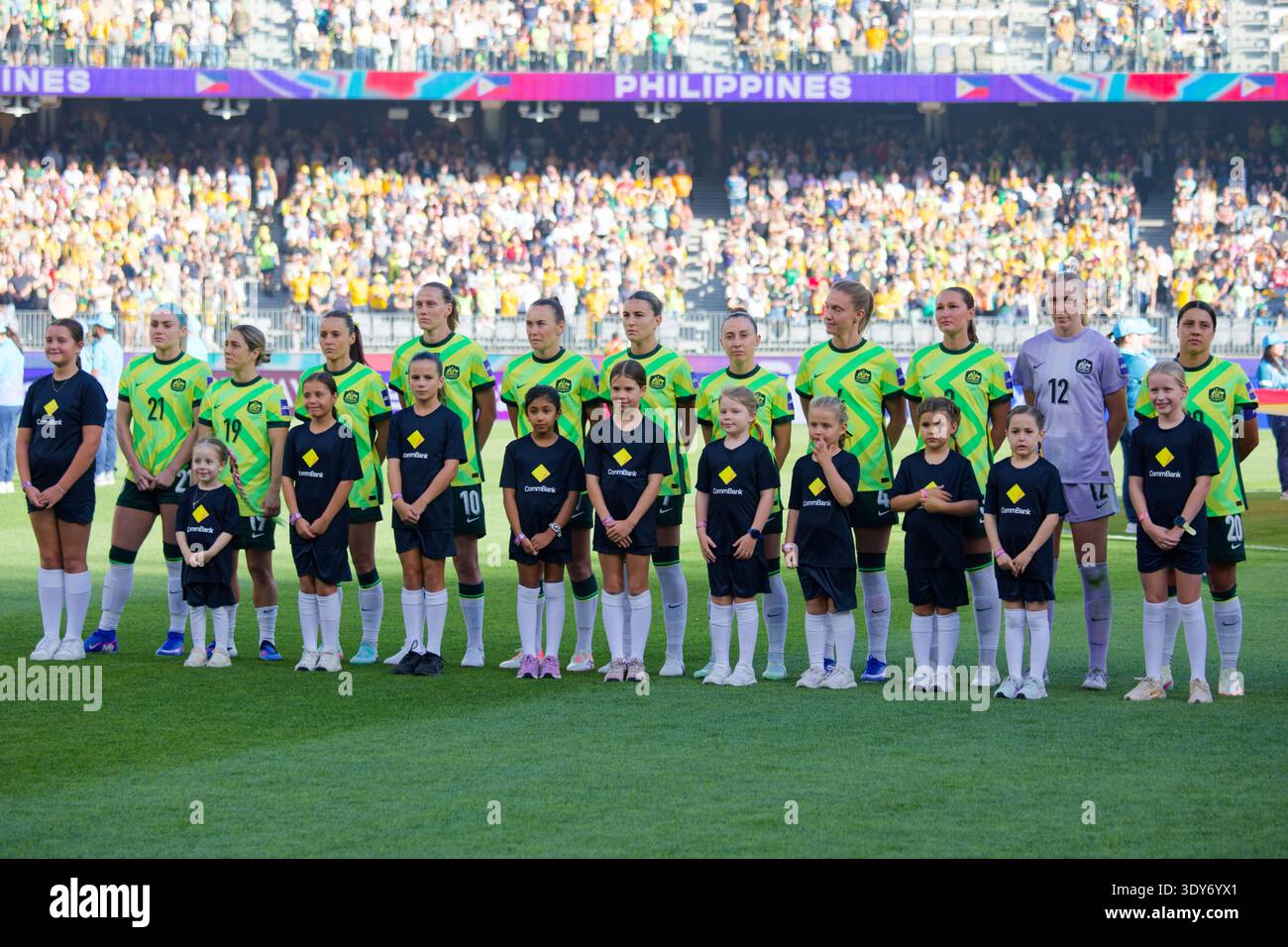 Australian players line up for the national anthem before the AFC Women ...