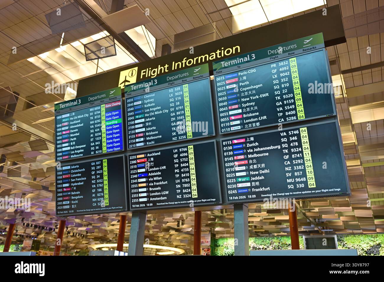 Singapore, 18 Feb 2026: Electronic flight information display board ...
