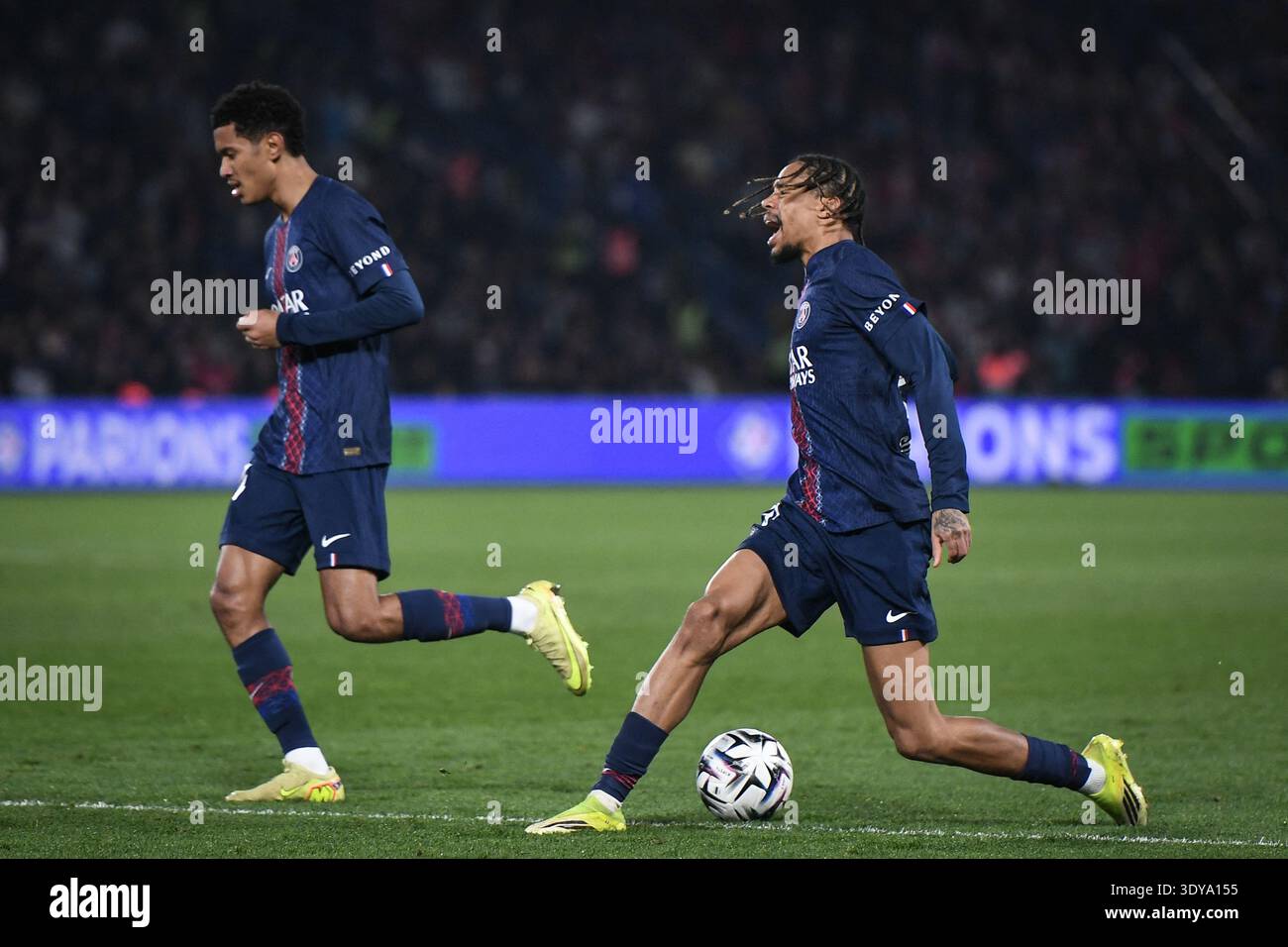 Paris Saint-Germain’s forward Bradley Barcola reacts during the French ...