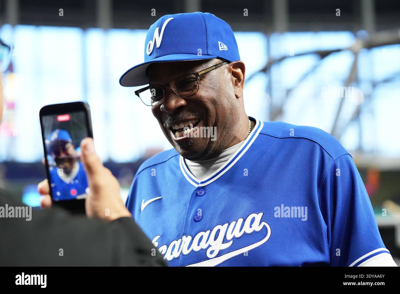 Nicaragua manager Dusty Baker Jr. is interviewed during batting ...