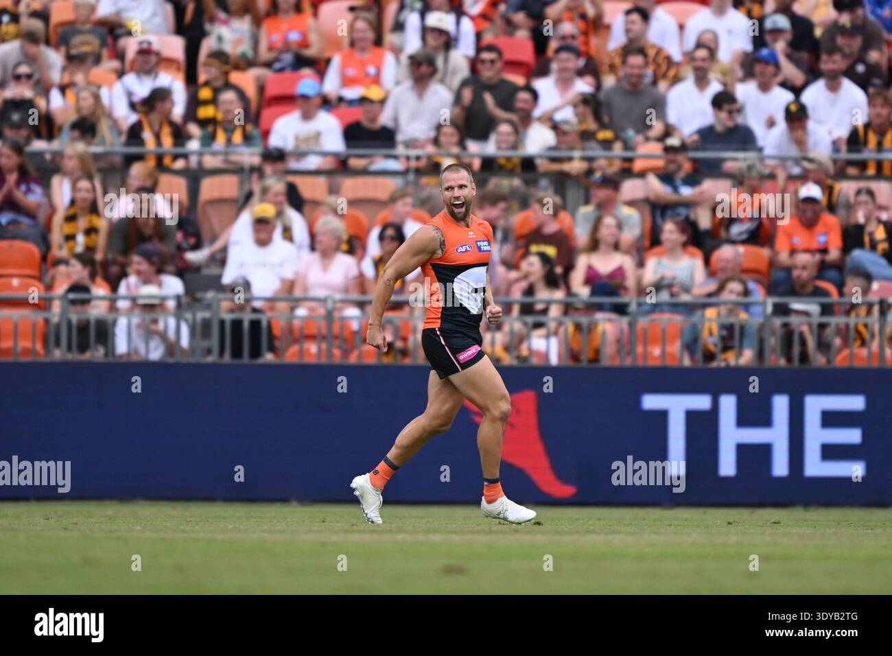 Jesse Hogan of the Giants celebrates after kicking a goal during the ...