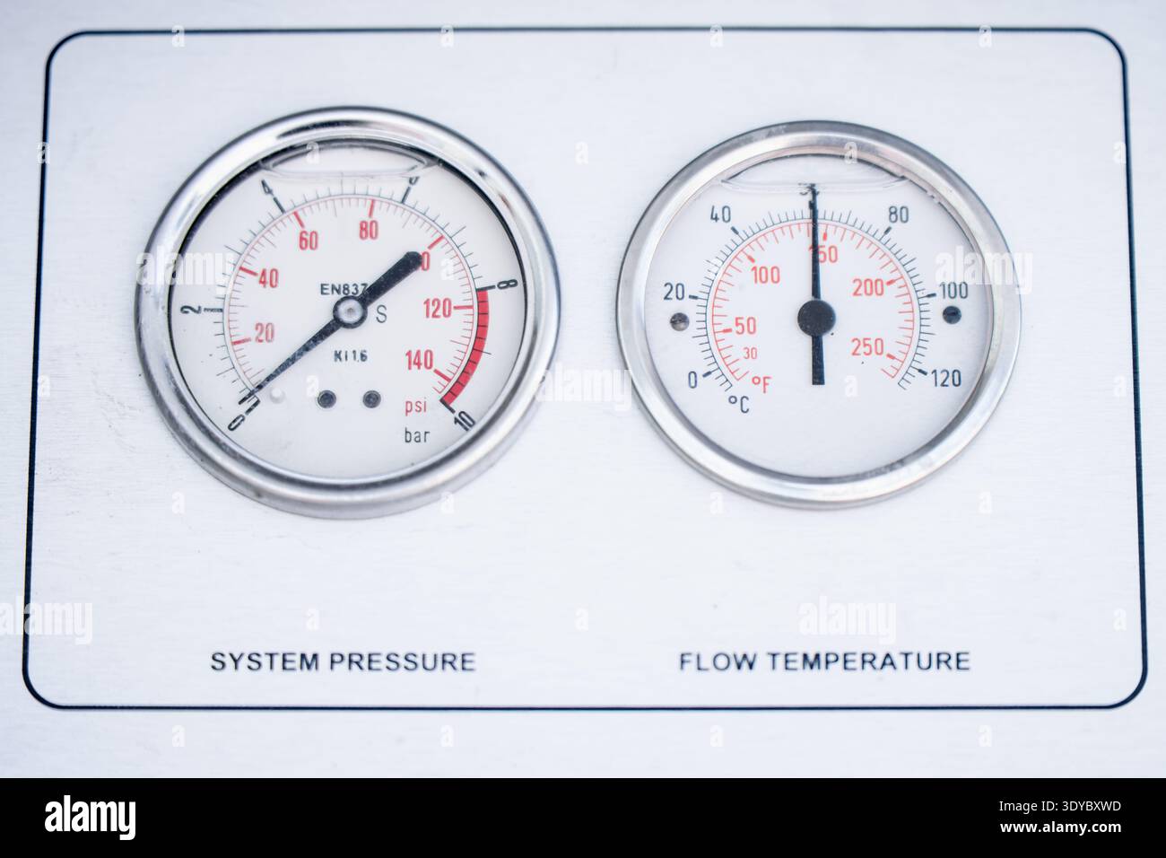 Industrial instrument panel with pressure and temperature gauges, clear ...
