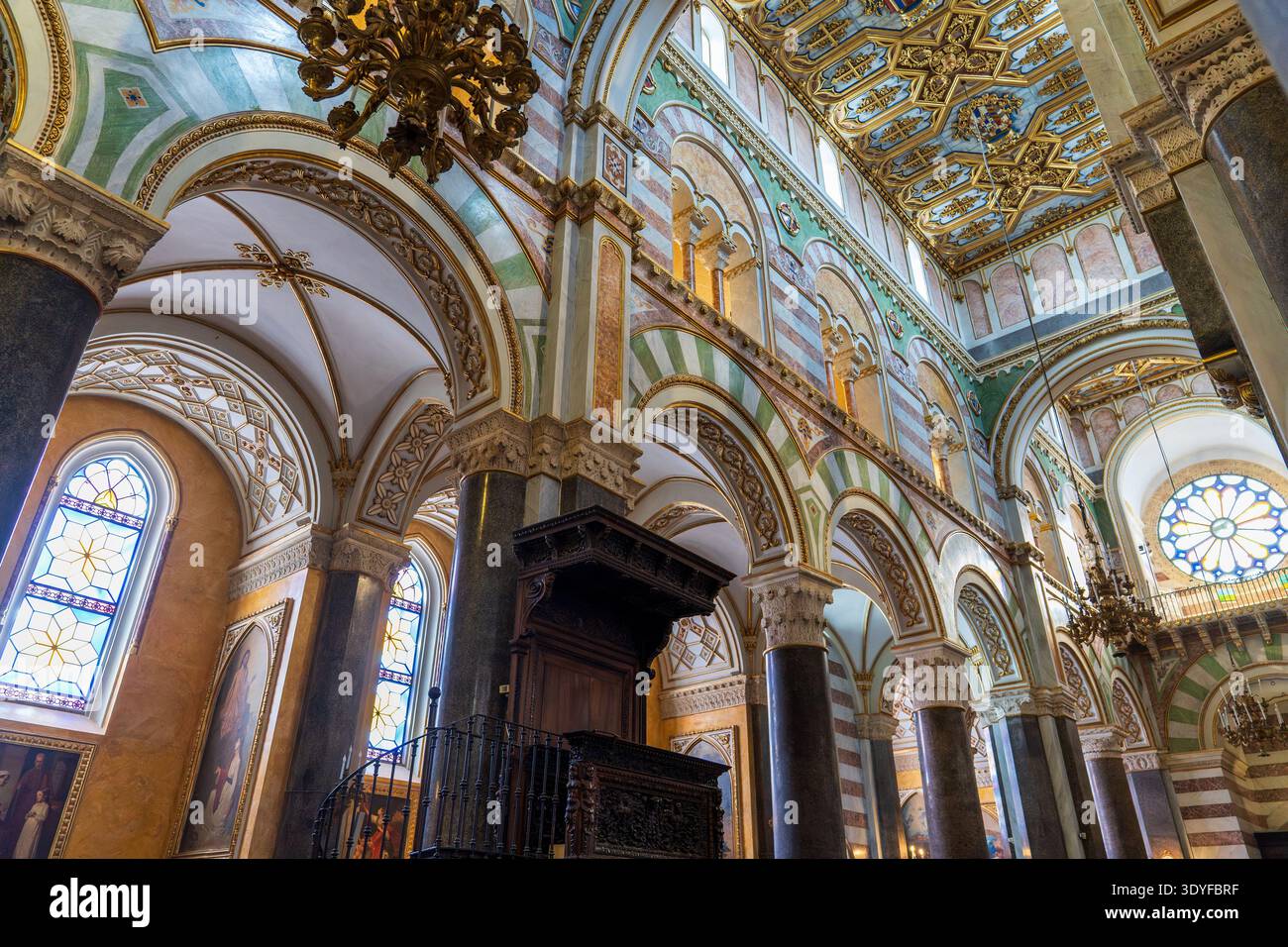 Internal view of Altamura Cathedral. Features include the stained glass ...