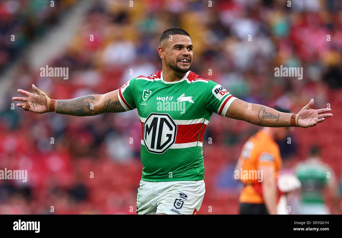 Latrell Mitchell of the Rabbitohs celebrates a conversion during the ...