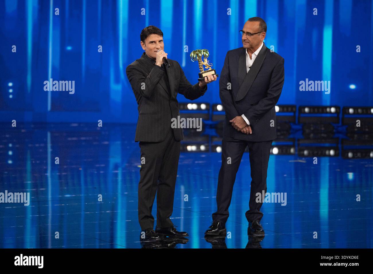 Sal Da Vinci (l) winner of Sanremo 2026 and Carlo Conti (r) perform ...