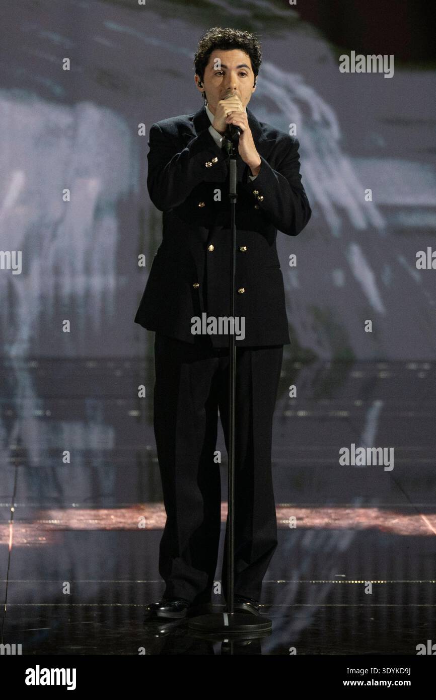 Fulominacci performs live during Rai tv program Sanremo Top prima ...