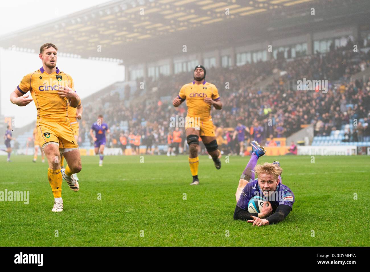 Exeter, England, UK, 08 March 2026. Josh Hodge of Exeter Chiefs scores ...