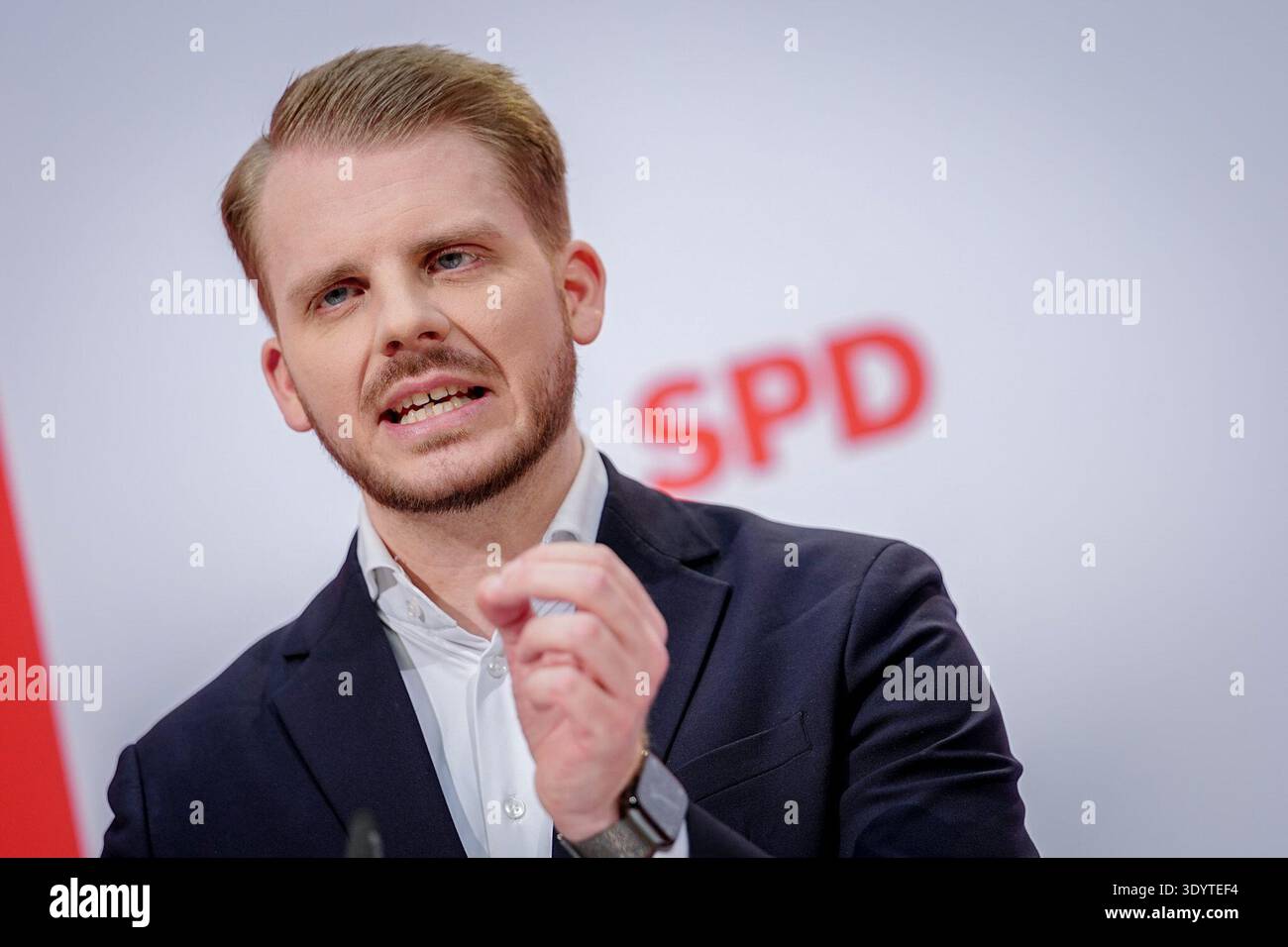 09 March 2026, Berlin: Tim Klüssendorf, SPD General Secretary, gives a ...