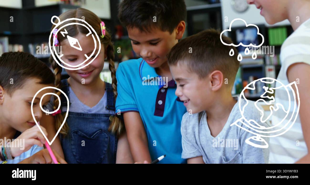 Collaborating group of five children leaning over classroom table ...