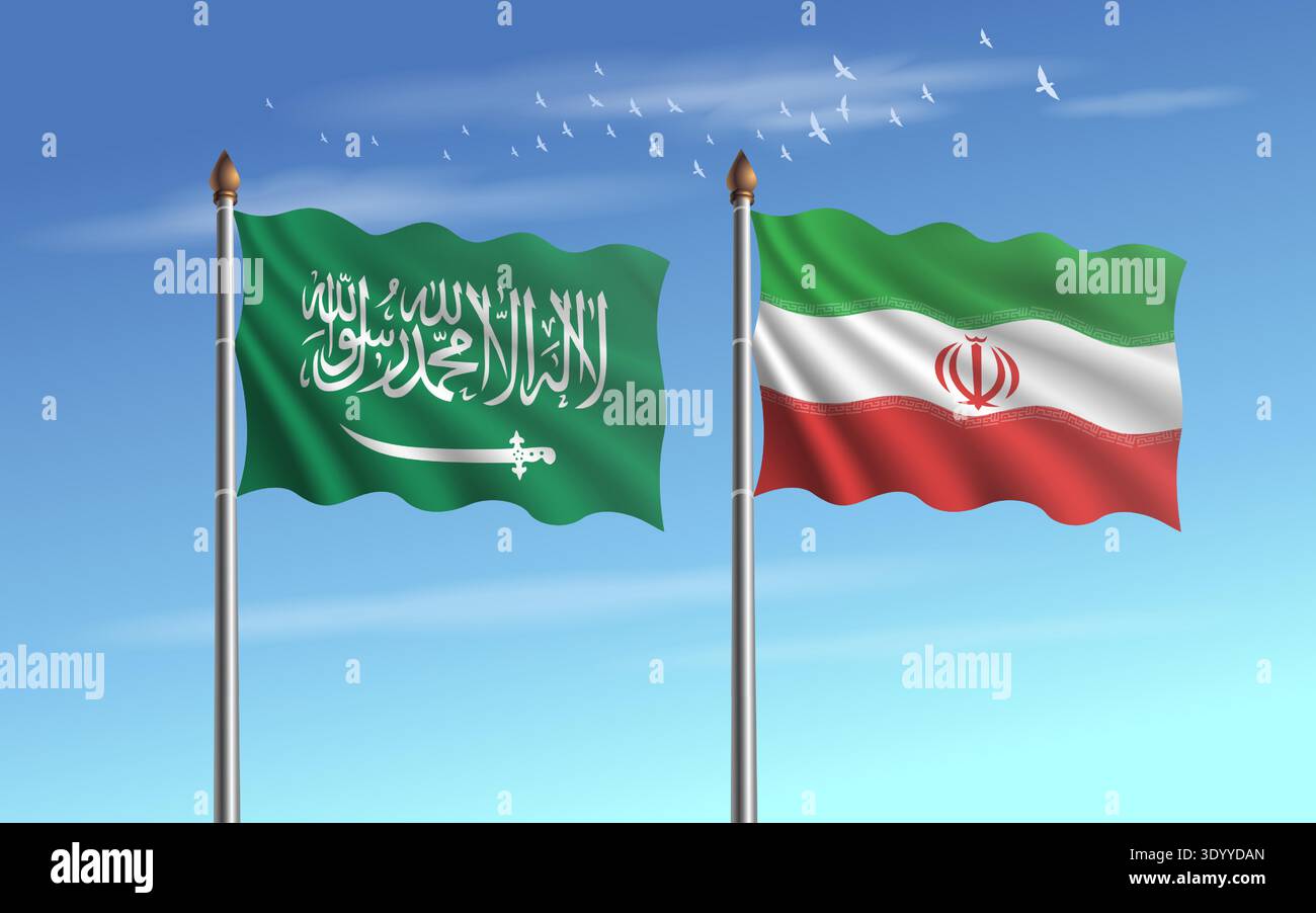 Saudi Arabia and Iran flags relation with sky backgrund Stock Vector ...