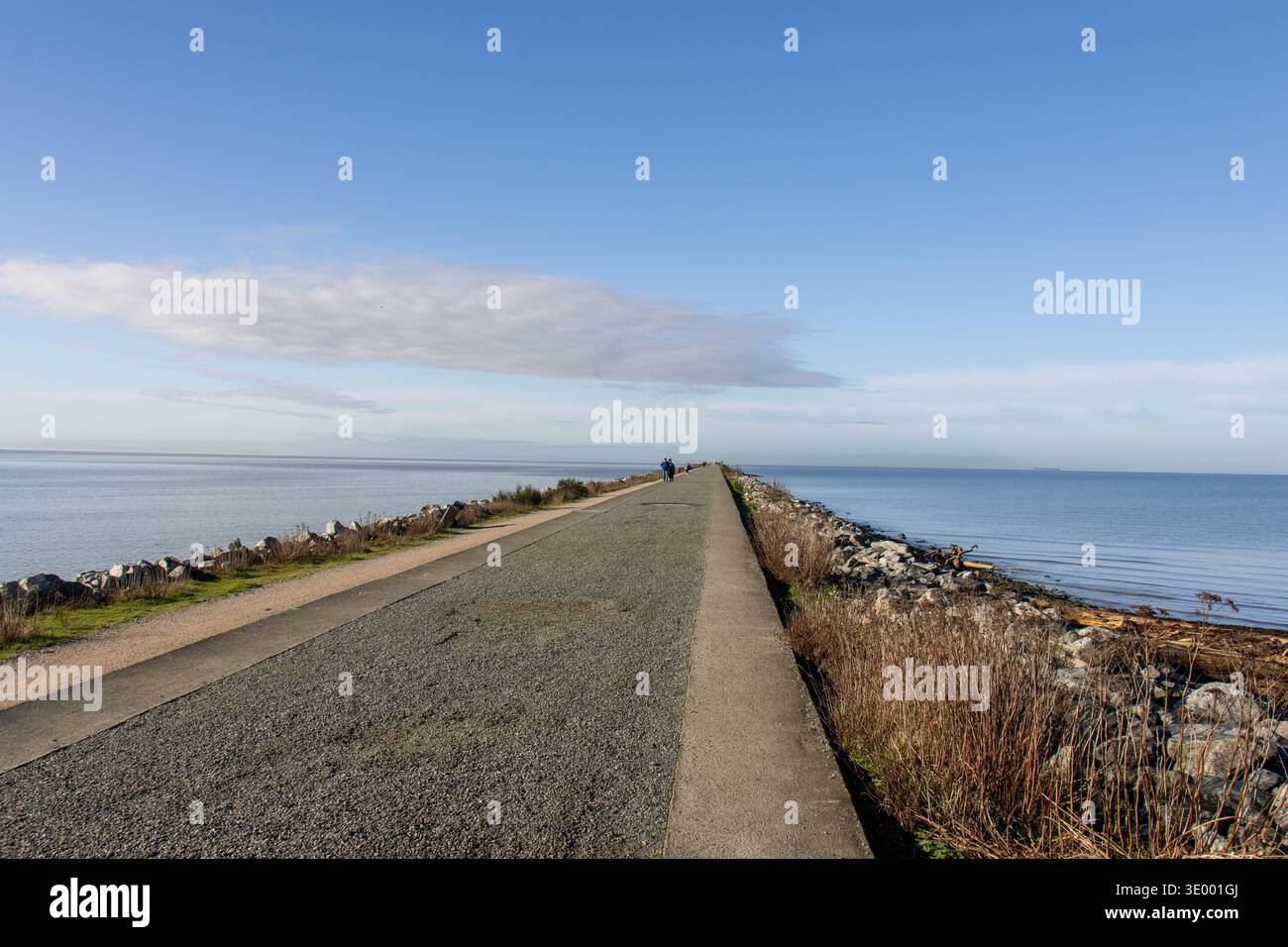 Long gravel pathway on the Iona Jetty extending into the Georgia Strait ...