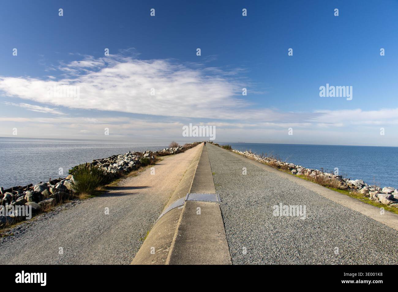Perspective view of the long gravel and concrete jetty at Iona Beach ...