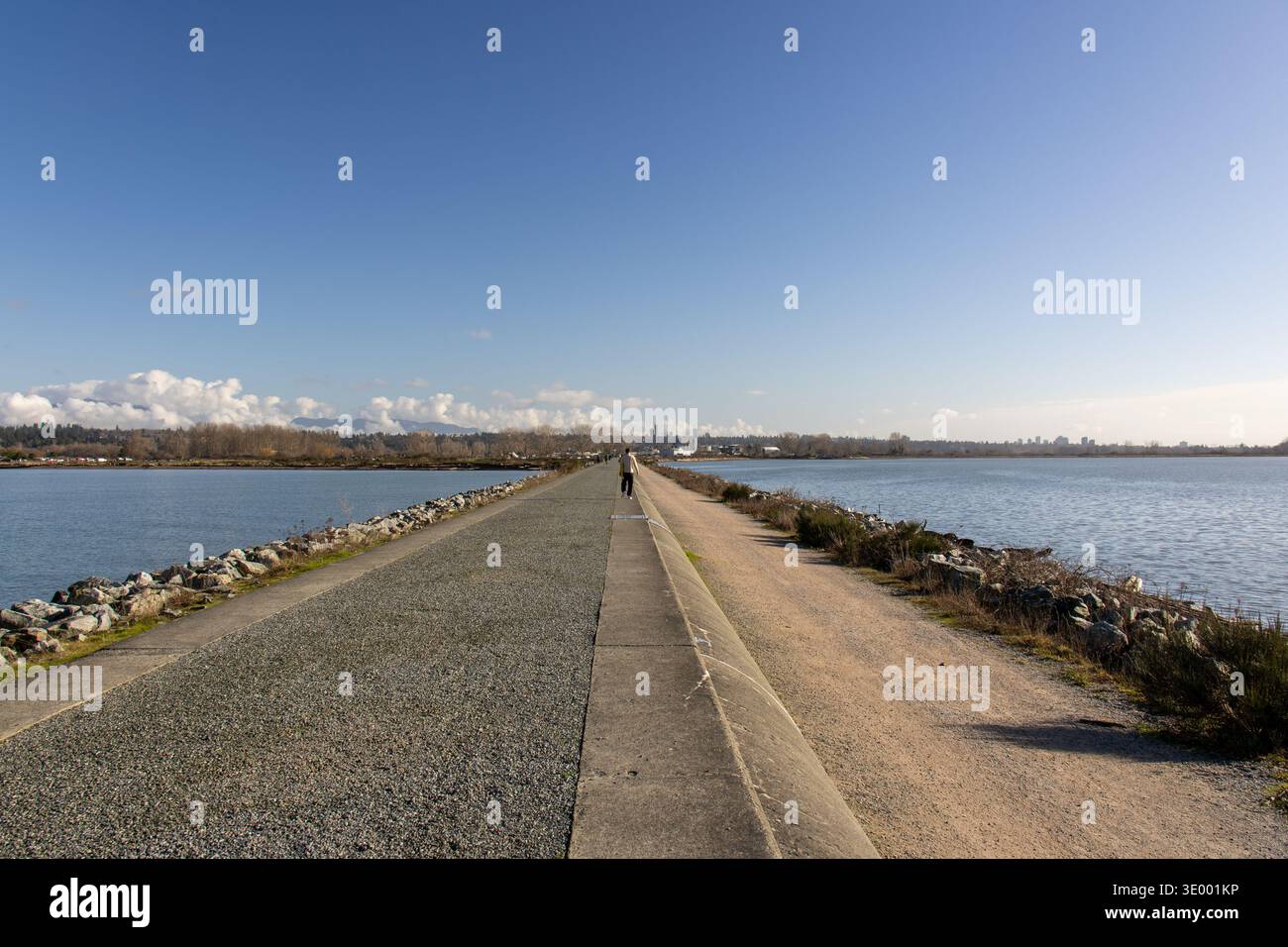 Walking path on the Iona Beach Regional Park jetty with the Vancouver ...