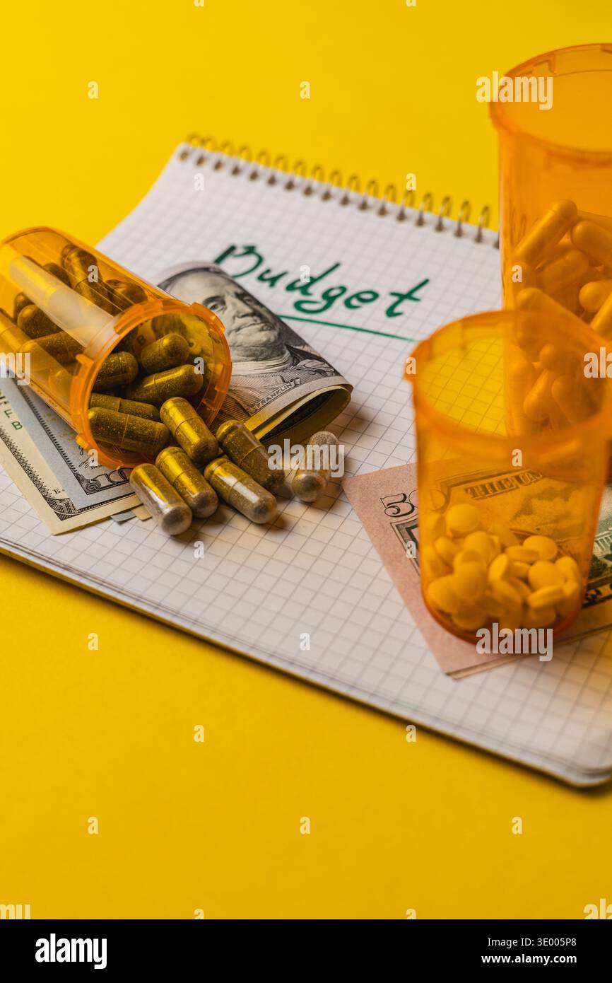 Cash notes and pill bottles rest on a notebook with the word budget ...