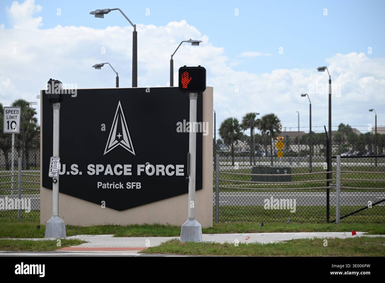 A sign is viewed at an entrance to Patrick Space Force Base, Monday ...