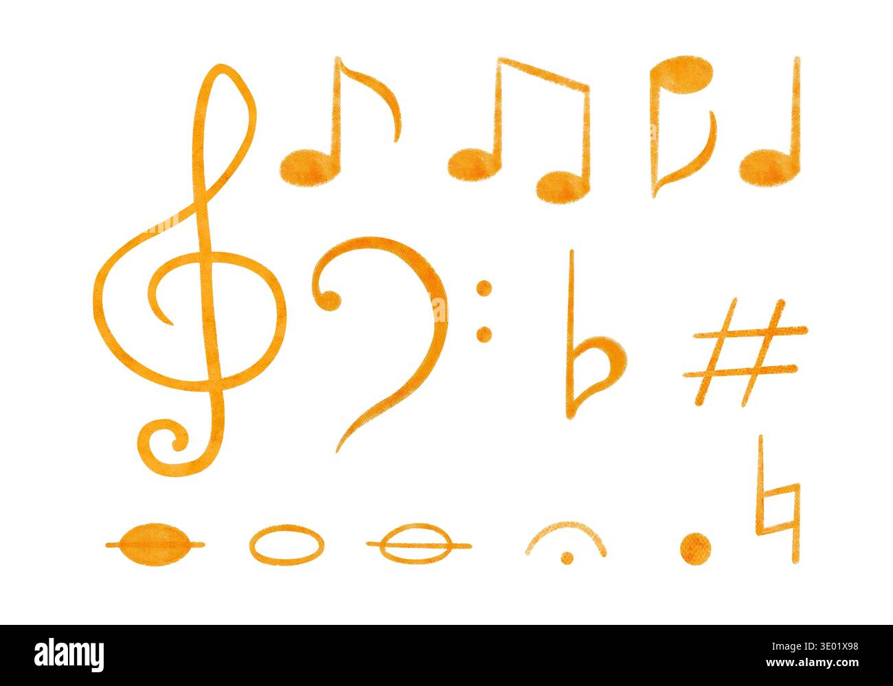 Bass, treble clef, pause musical symbols hand painted in watercolor ...