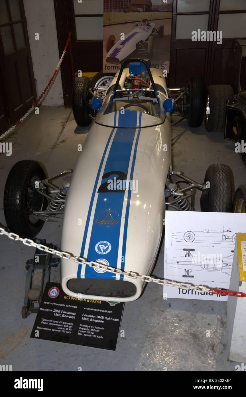 A vintage Formula Vee open-wheel racing car with distinctive blue ...