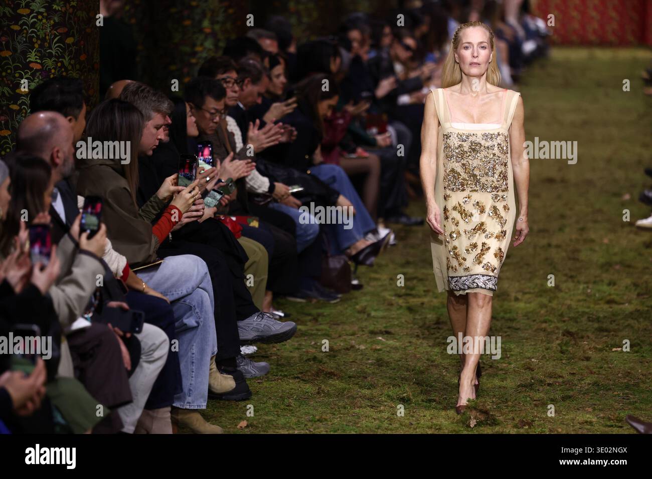 Gillian Anderson wears a creation from the Miu Miu Fall/Winter 2026 ...