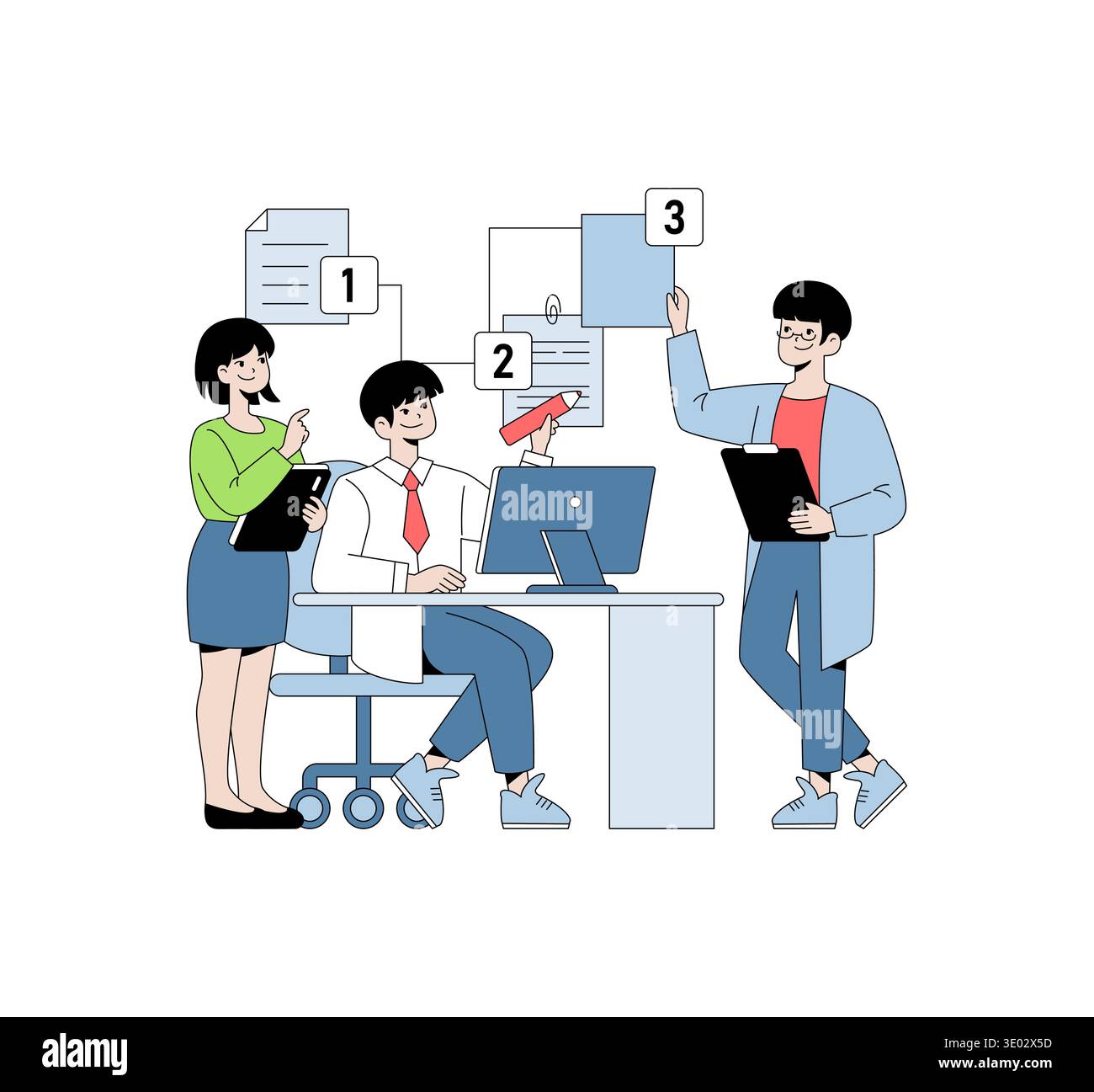 Vector illustration of three people collaborating in an office setting ...