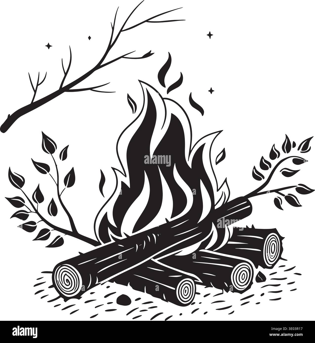 Black and white vector silhouette of a campfire with burning logs and ...