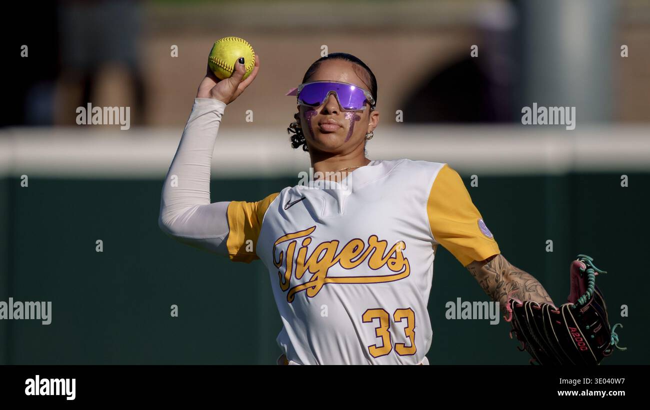 LSU outfielder Destiny Harris (33) throws during an NCAA softball game ...