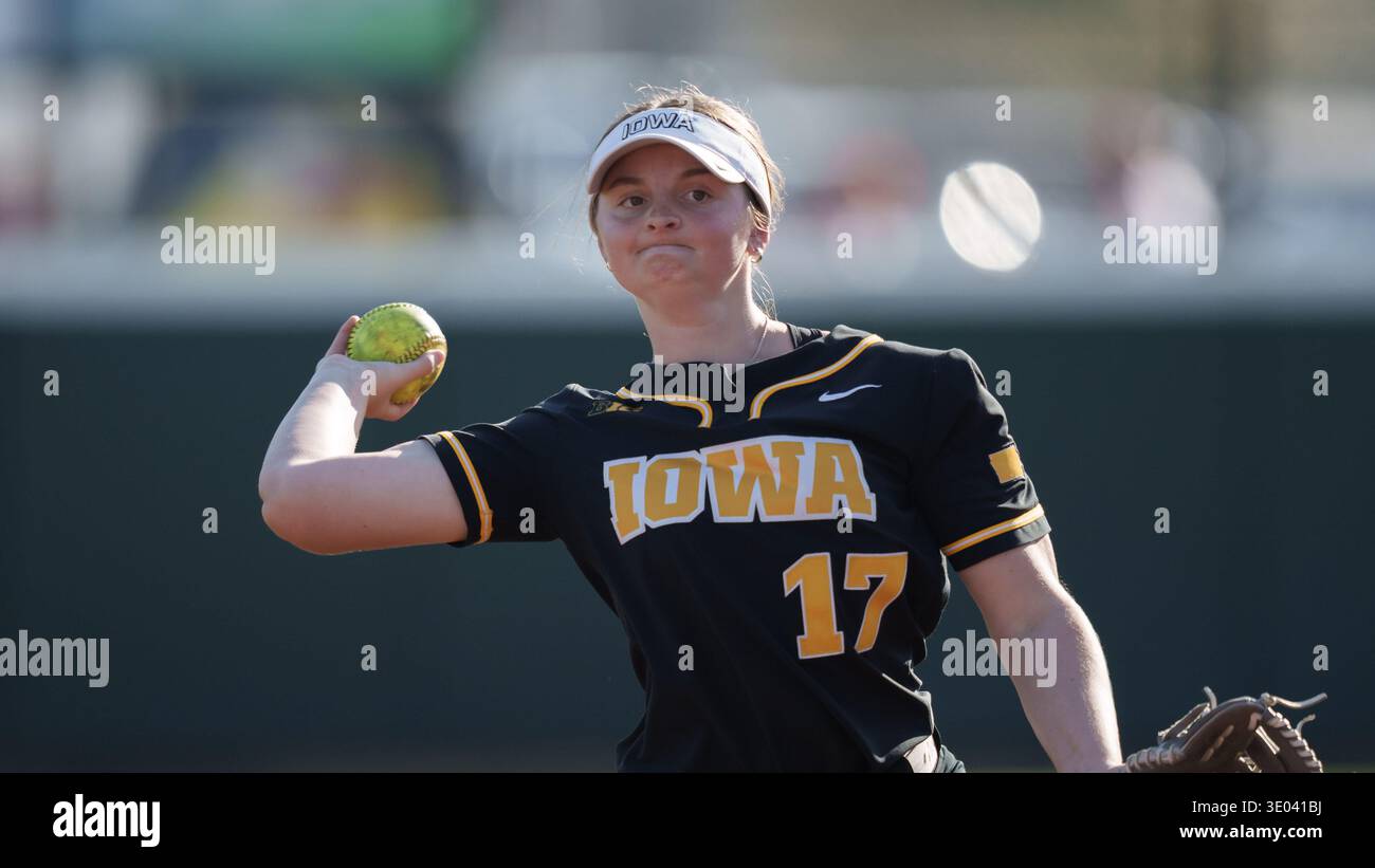 Iowa utility Anna Streff (17) throws during an NCAA softball game on ...