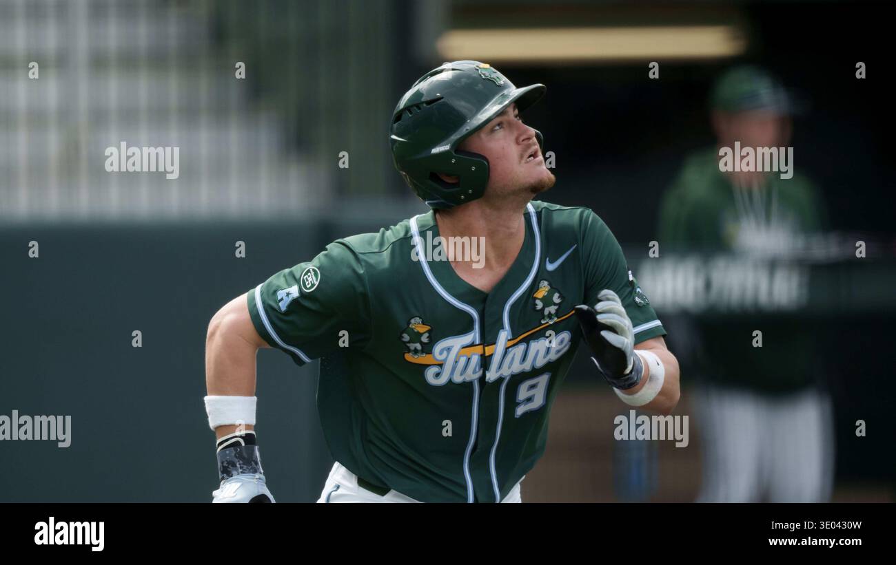 Tulane infielder Matthias Haas (9) runs during an NCAA baseball game on ...