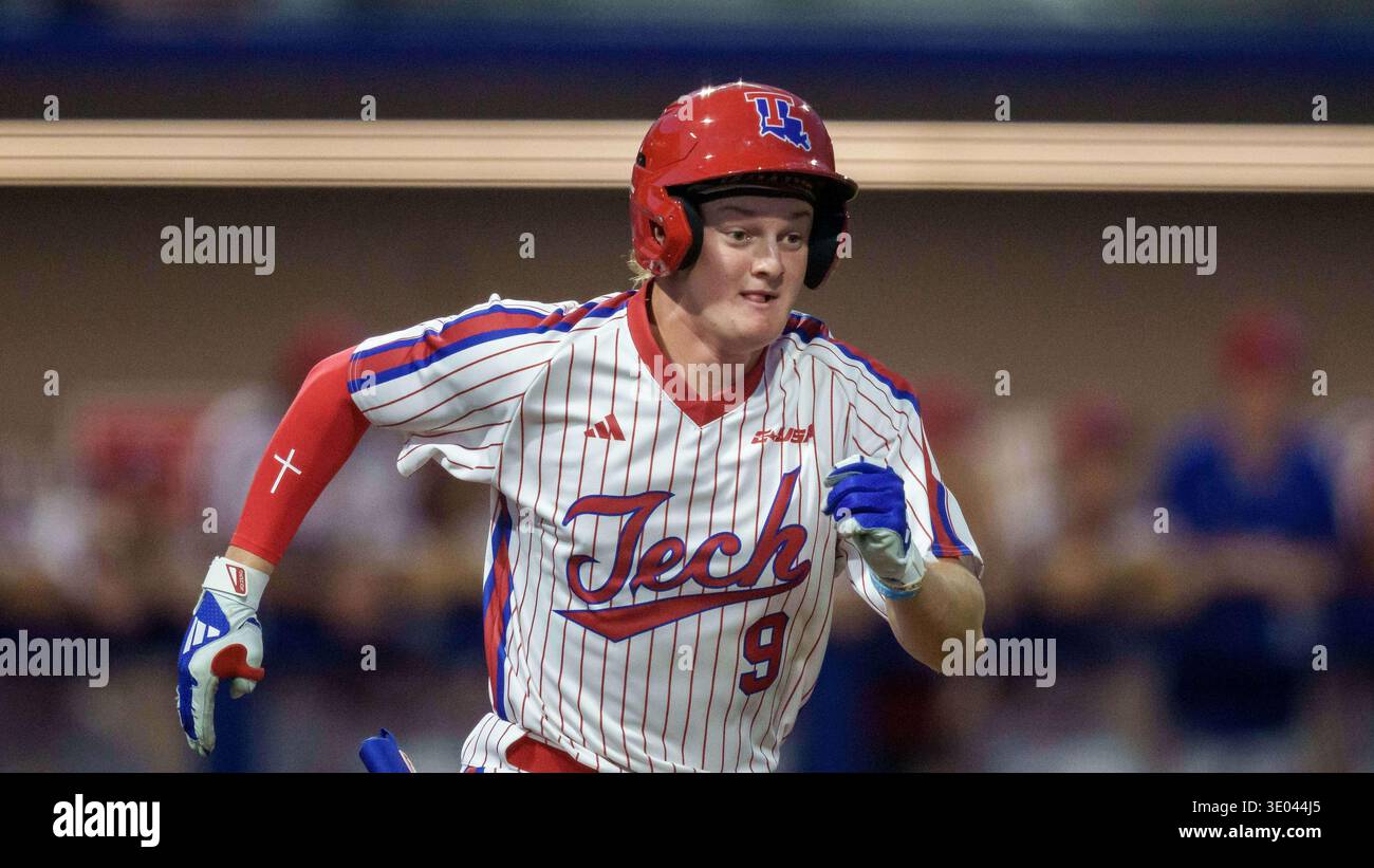 Louisiana Tech infielder Colton Coates (9) runs during an NCAA baseball ...