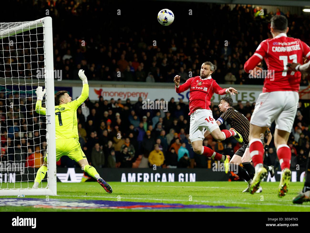 Wrexham's Jay Rodriguez (centre) heads wide of the goal during the Sky ...