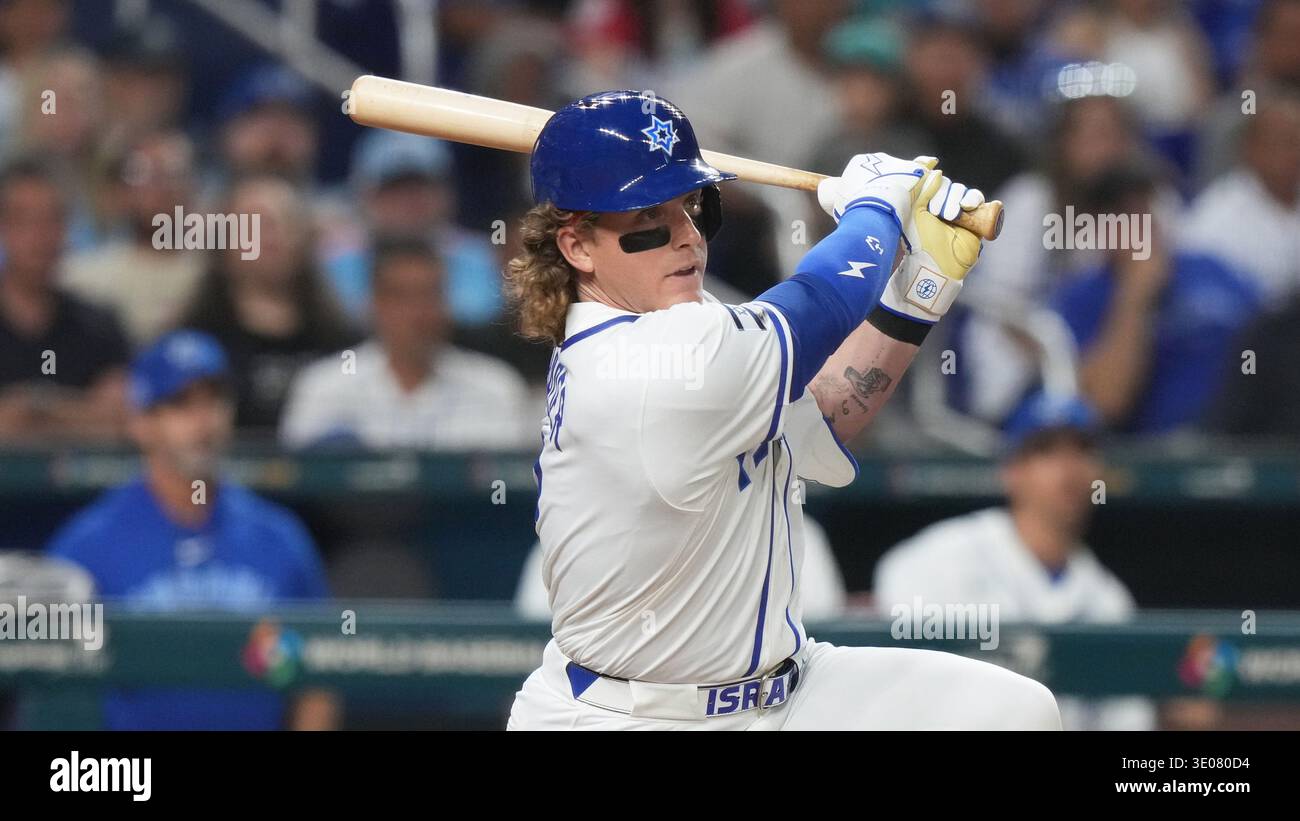 Israel's Harrison Bader bats during a World Baseball Classic game ...