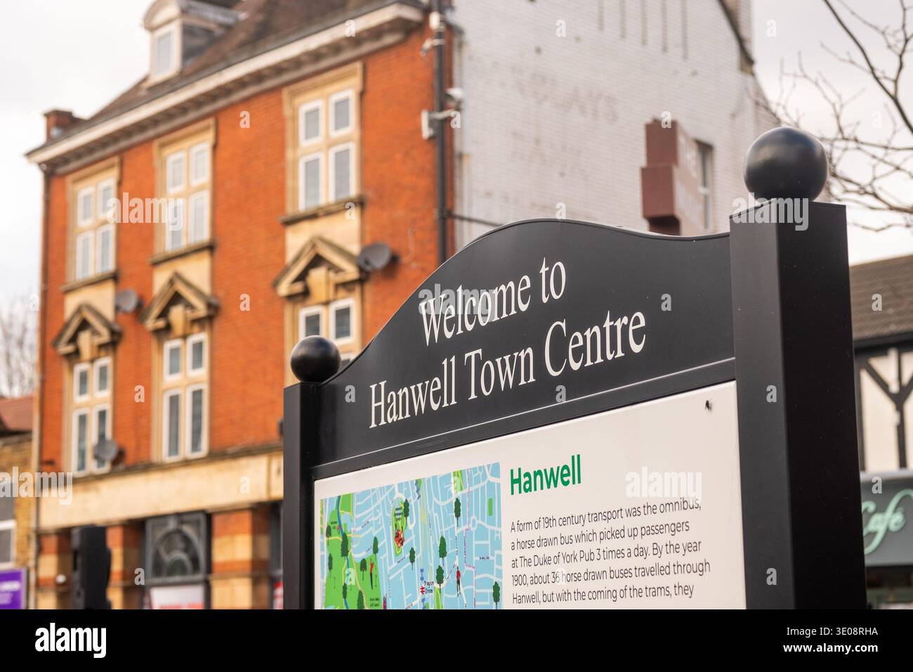 HANWELL, LONDON -JANUARY 29, 2026: Welcome to Hanwell Town Centre sign ...