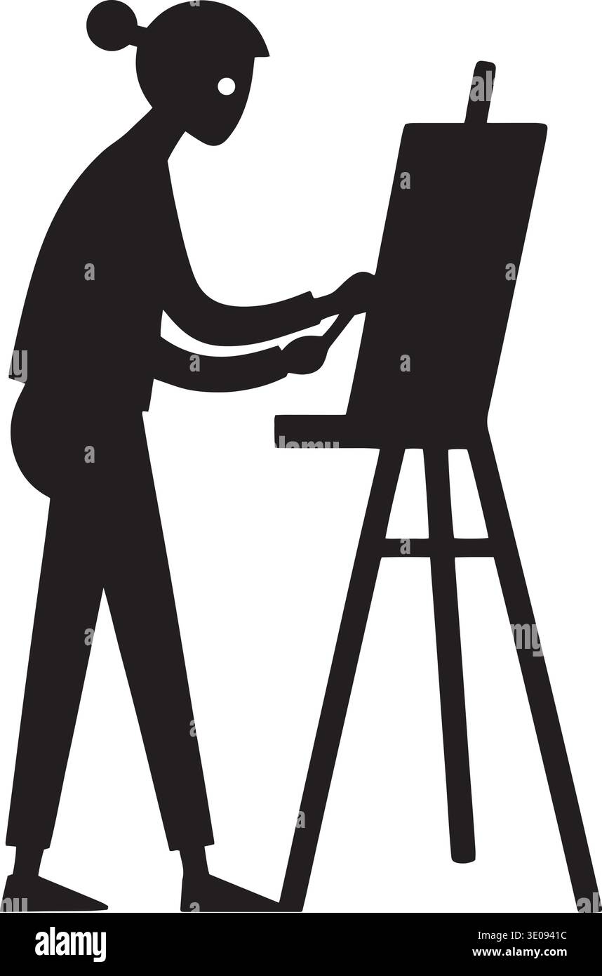 Black silhouette vector of an artist wearing a cap working at an easel ...