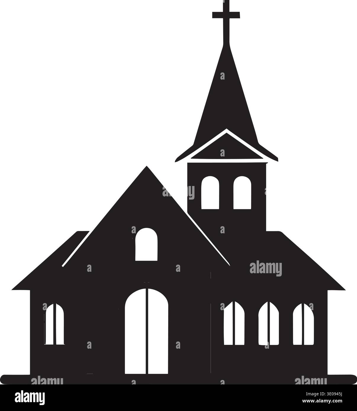 Black and white vector silhouette of a church chapel with a prominent ...