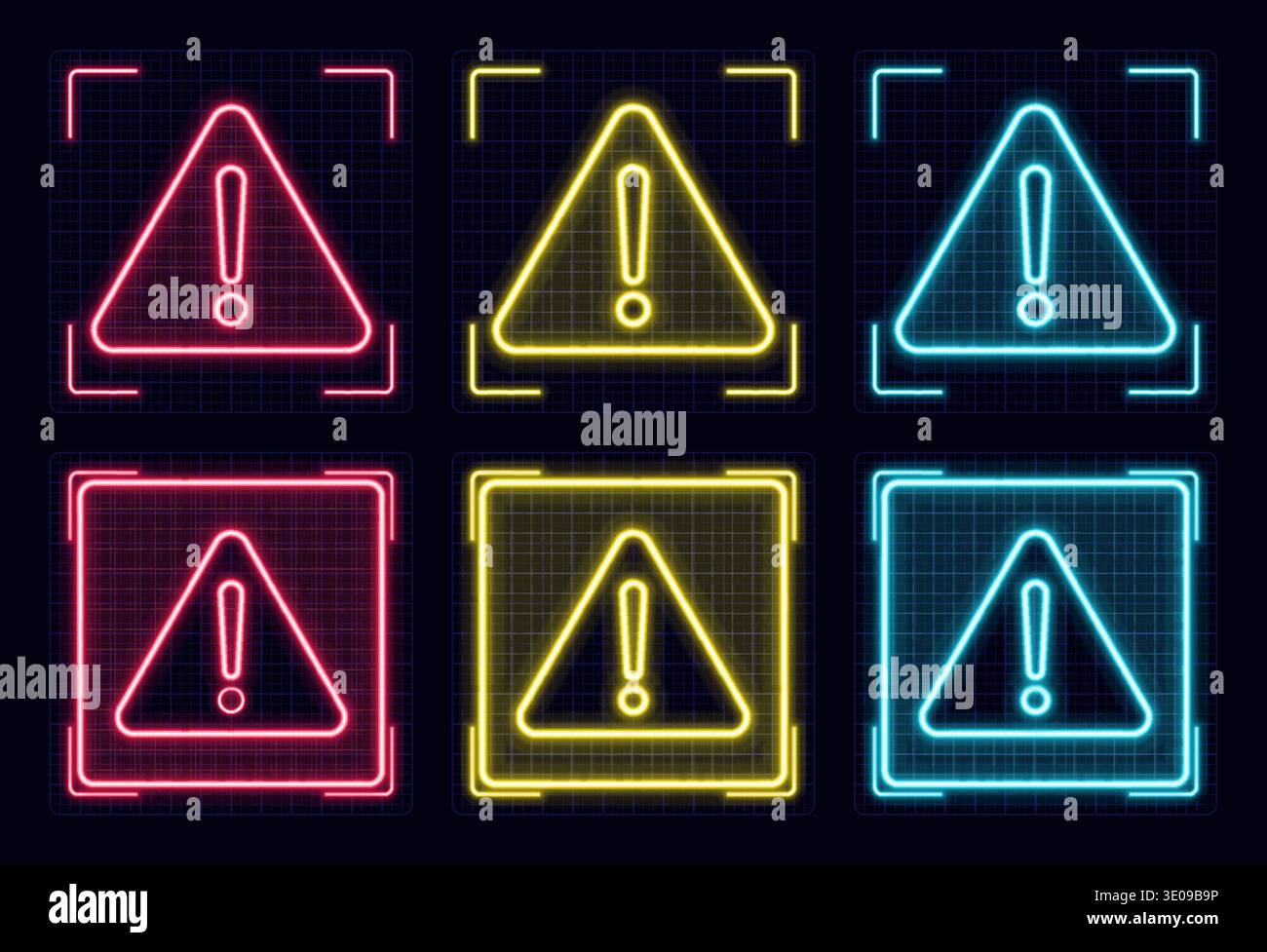 Caution warning symbol set, cyber neon visual, glowing border grid ...