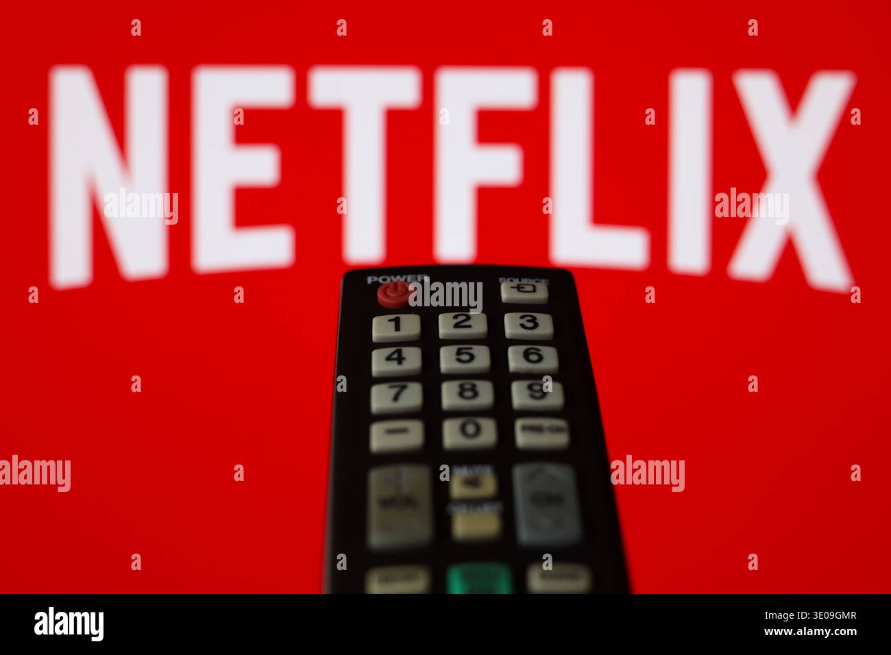 The Netflix logo display on a TV screen with a TV remote in Ontario ...