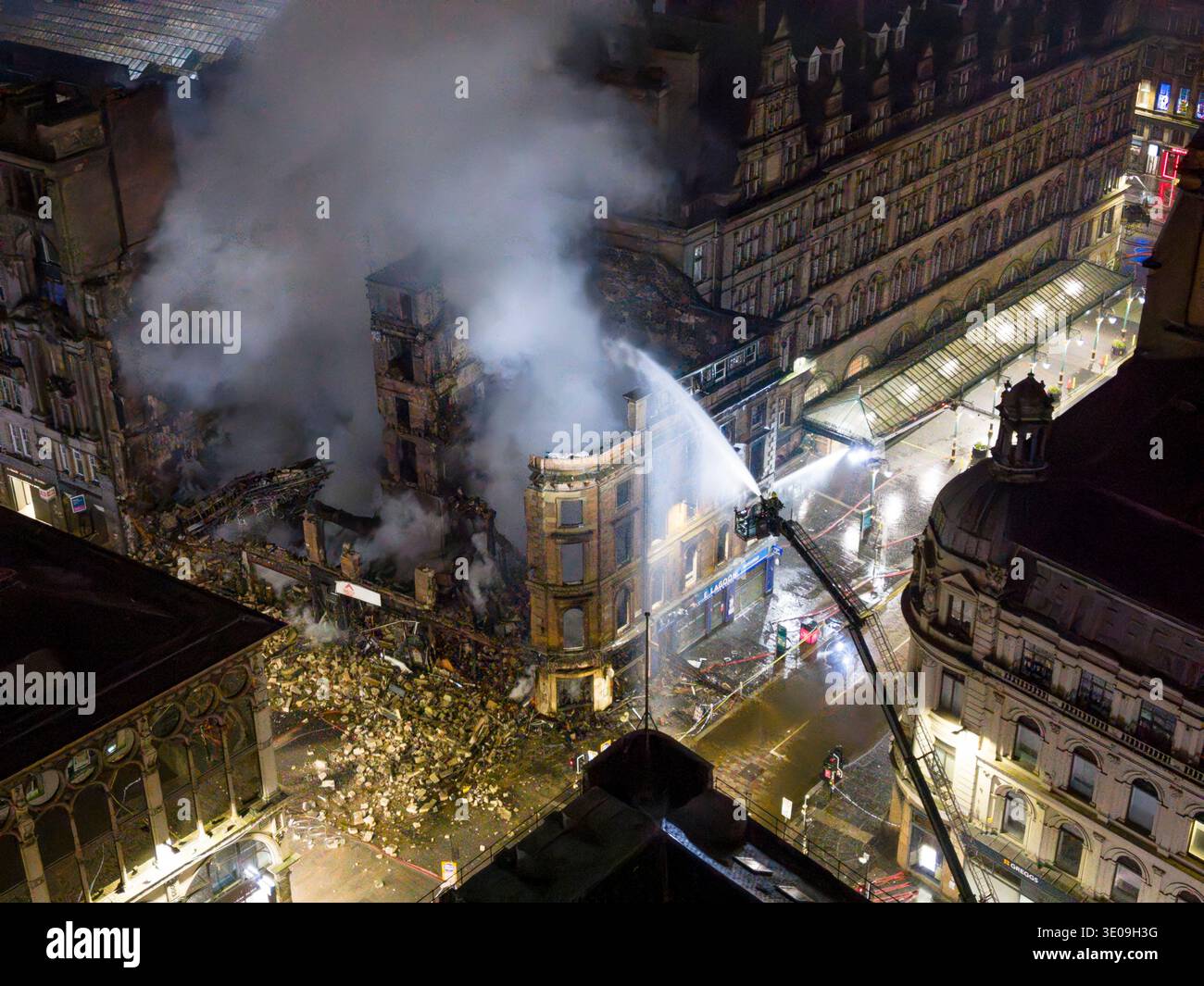 9th March 2026, Glasgow Aerial images at 5am of fire services fighting ...